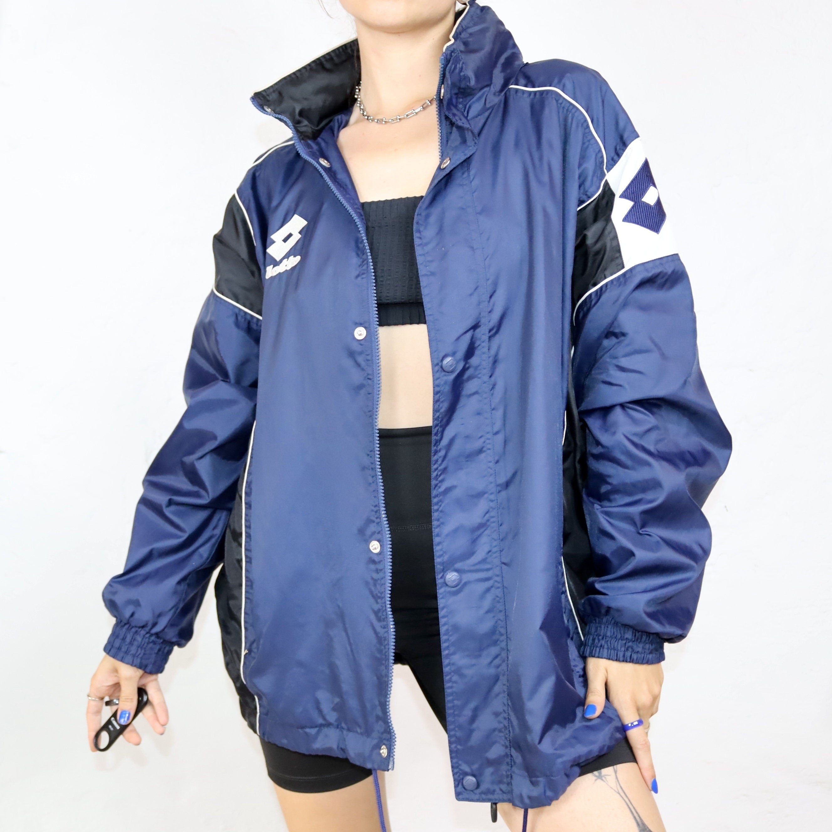 Vintage 80s 90s LOTTO rain jacket windbreaker blue white stand-up coll ...